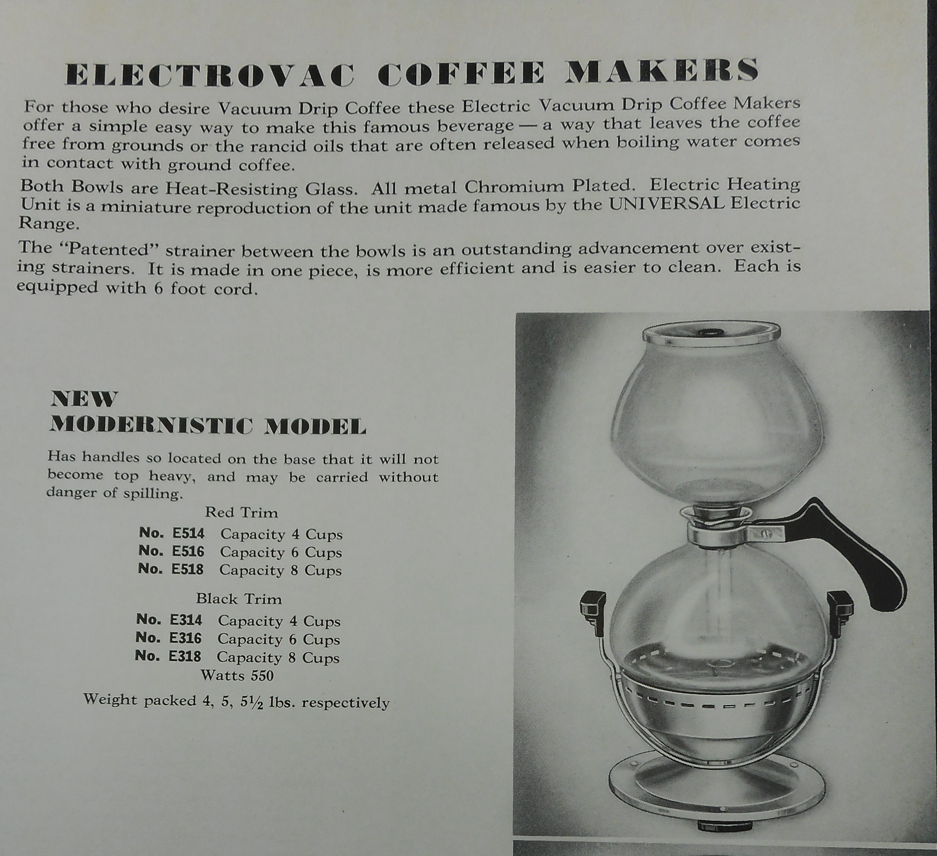 The 1937 Universal Electrovac Vacuum Coffee Makers - Modernistic Model ...