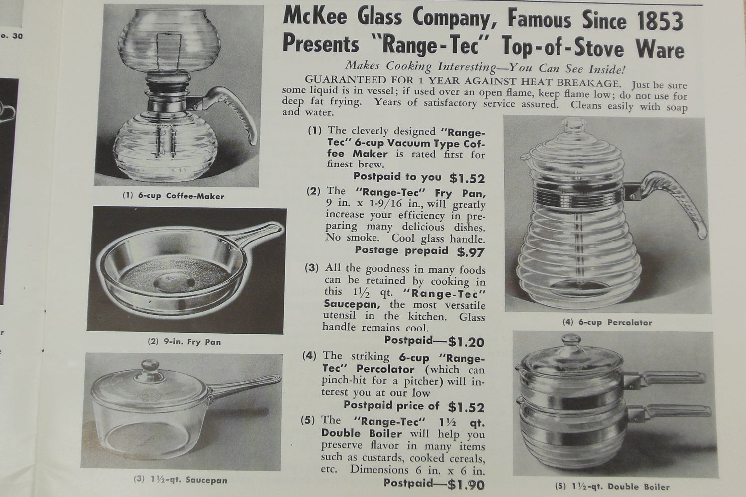 McKee Glass Co. 1950 Range-Tec Cookware Coffee Maker Advertisement ...