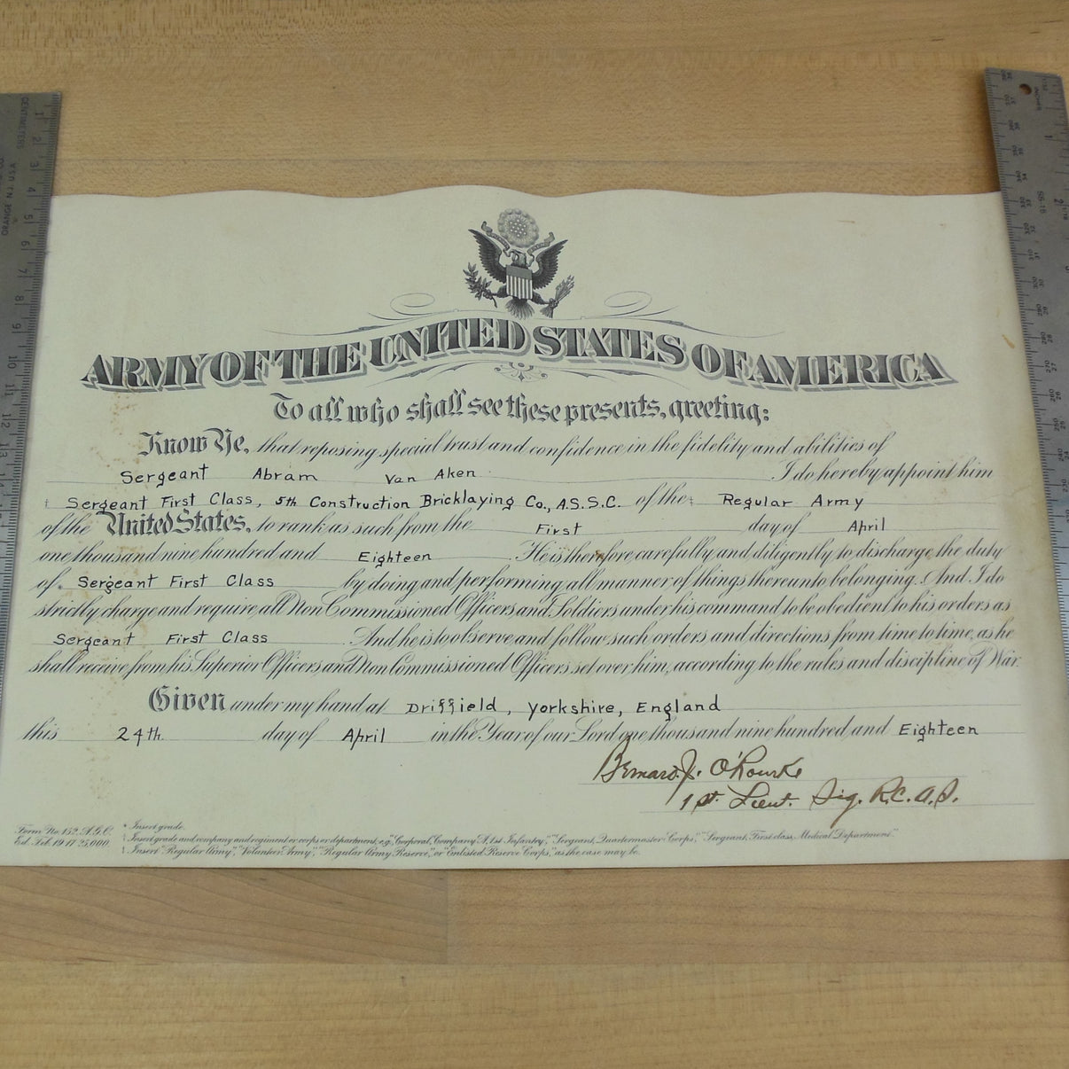WWI 1918 US Army Promotion Certificate Sergeant 1st Bricklayer Co. Eng ...