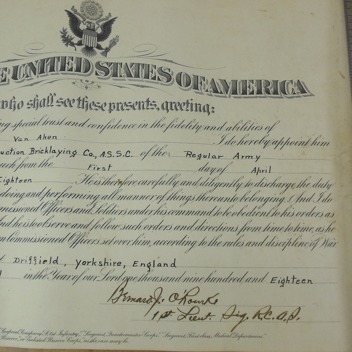 WWI 1918 US Army Promotion Certificate Sergeant 1st Bricklayer Co. Eng ...