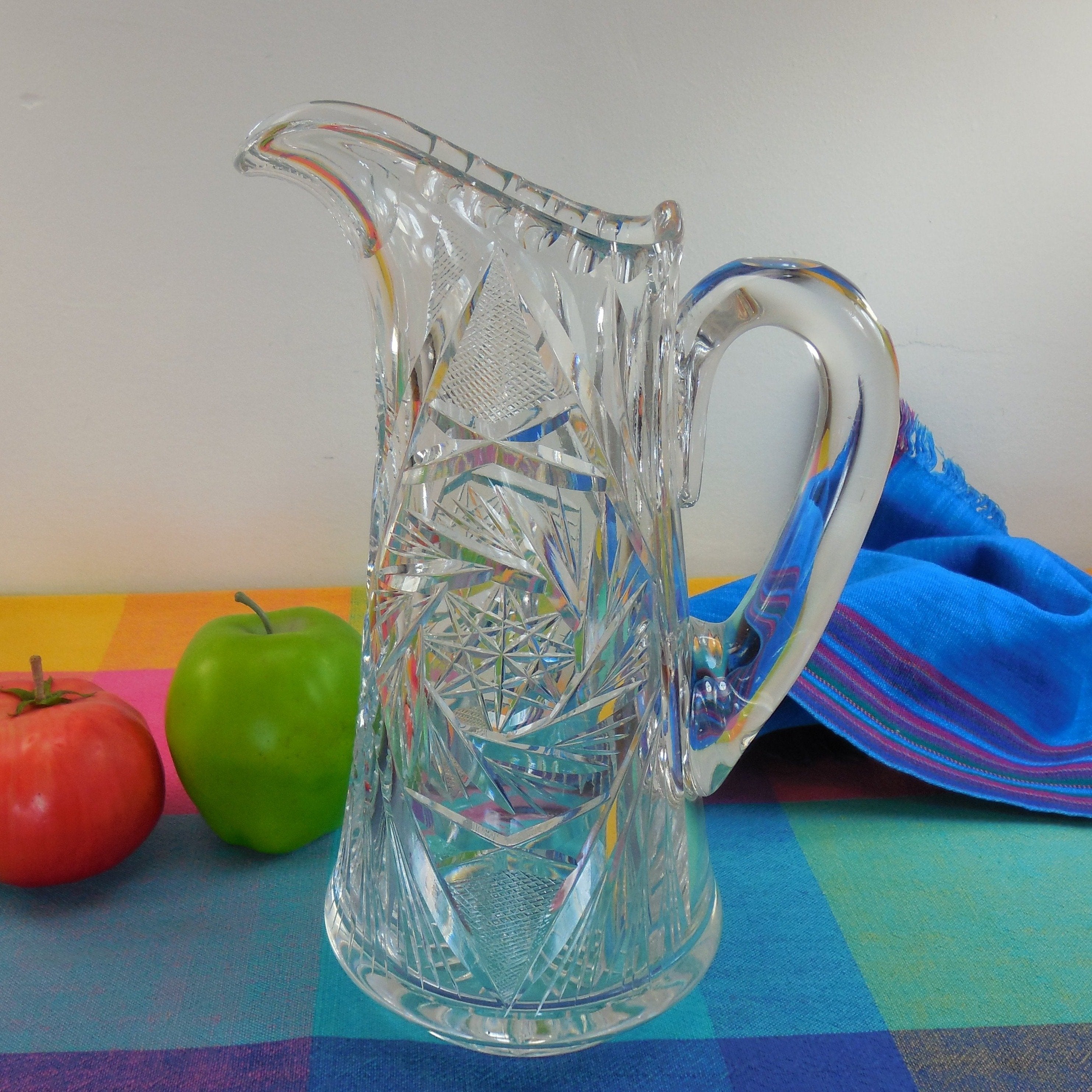 ABP American Brilliant Cut Glass Water Pitcher Pinwheels Starburst 10 ...